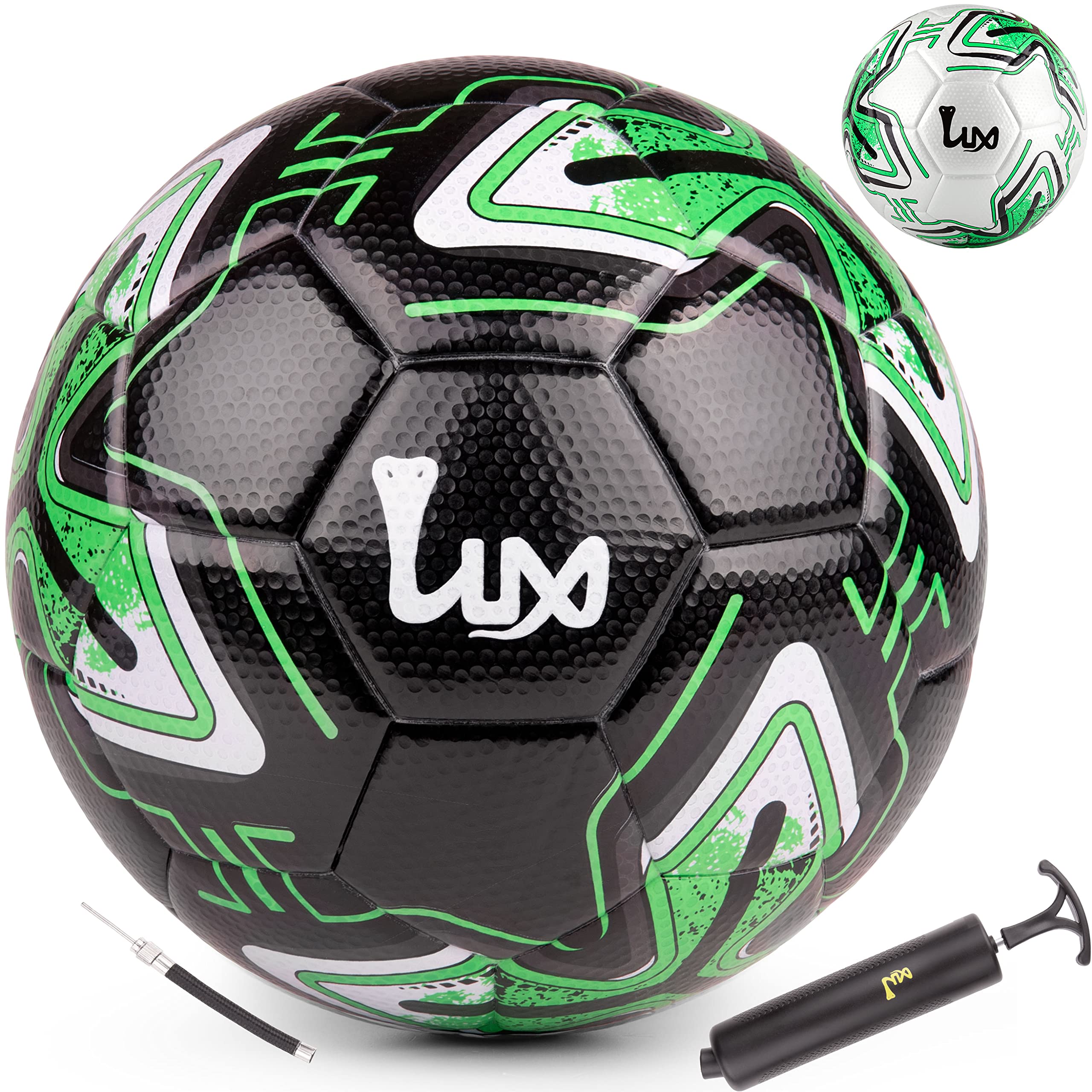 LUX Soccer Match Ball Size 5 with Free Premium Manual Ball Pump - Thermally Bonded Match Ball for Professional Training Use Men Youth Boys & Girls Soccer Players