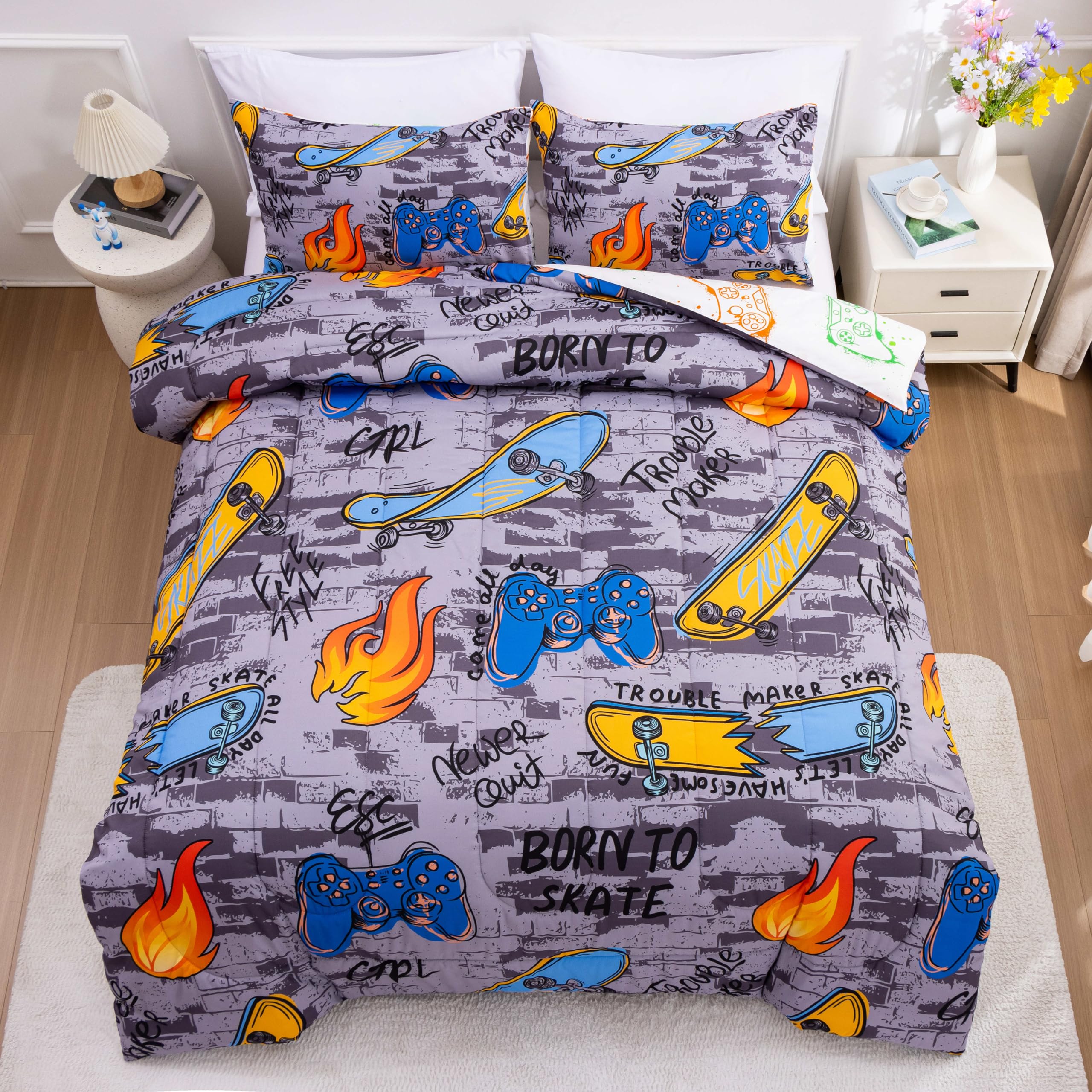 Btargot Kids All Season Grey Dinosaur Printed Bedding Comforter Sets with 2 Pillowcases Twin Size 3 Pieces for Boys Girls Teens Adults