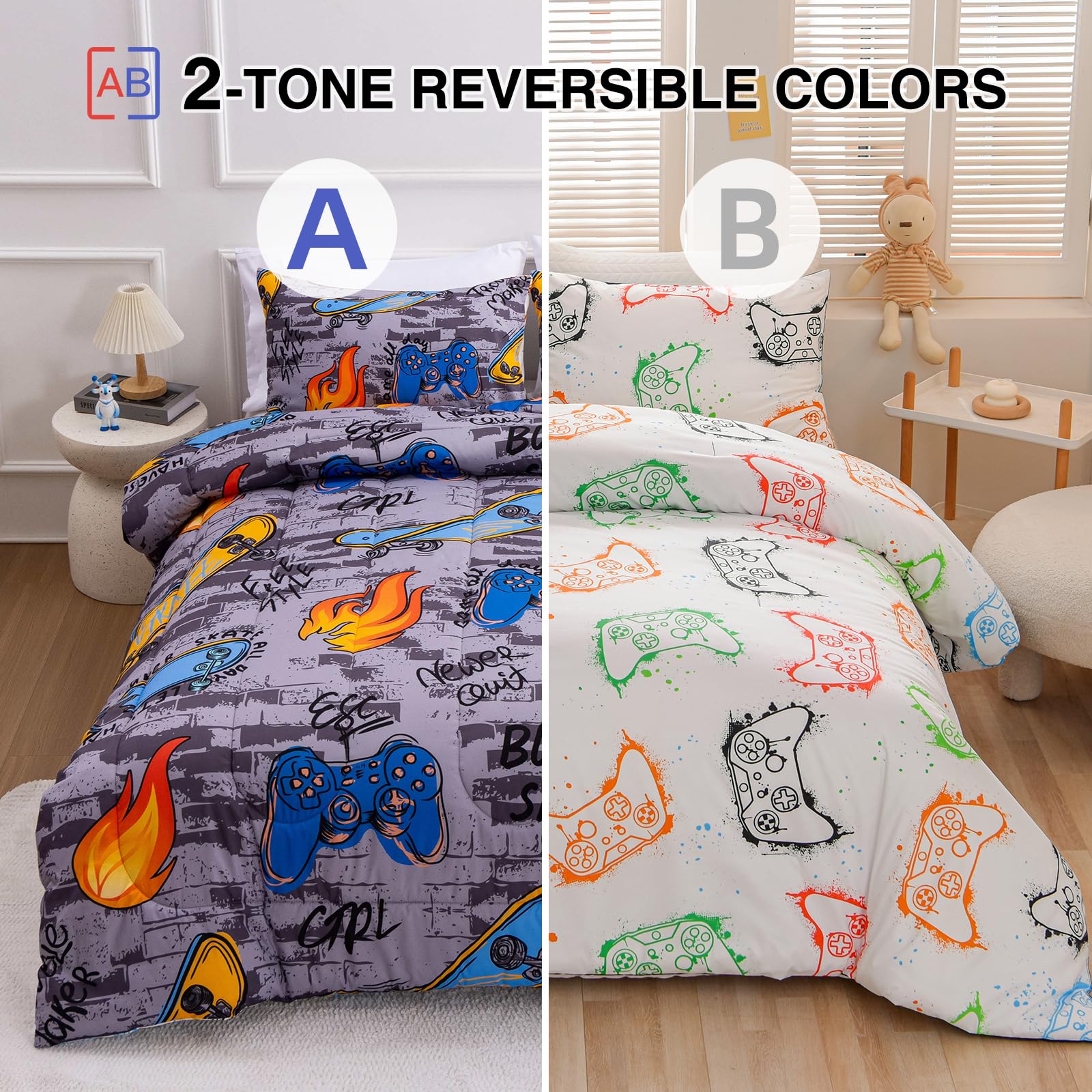 Btargot Kids All Season Grey Dinosaur Printed Bedding Comforter Sets with 2 Pillowcases Twin Size 3 Pieces for Boys Girls Teens Adults