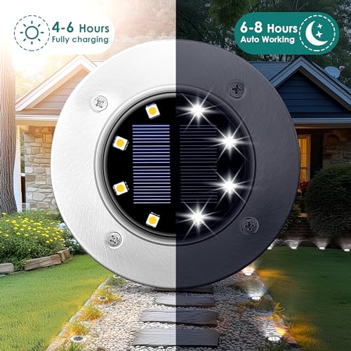 SOLPEX Solar Ground Lights, 8 LED Solar Powered Disk Lights Outdoor Waterproof Landscape Lawn Lighting for Garden Yard Deck Walkway Patio Pathway (8, White)