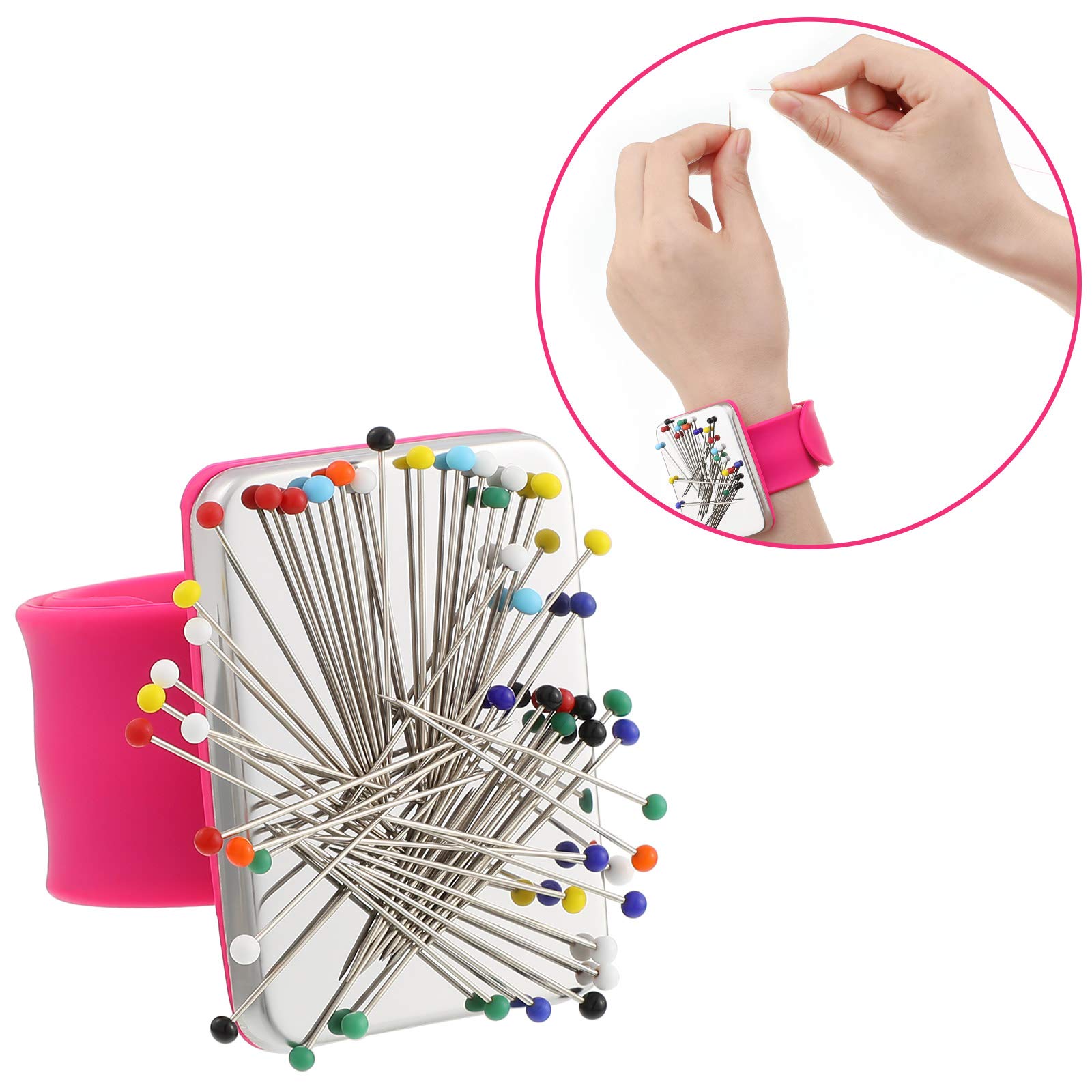 Magnetic Wrist Sewing Pincushion Wrist Magnetic Pin Holder Wristband Pin Cushion Holder with 3 Pieces Stainless Steel Pintail Comb Rat Tail Comb for Hair Clips Sewing, Daily Hand Sewing (Rose Red)