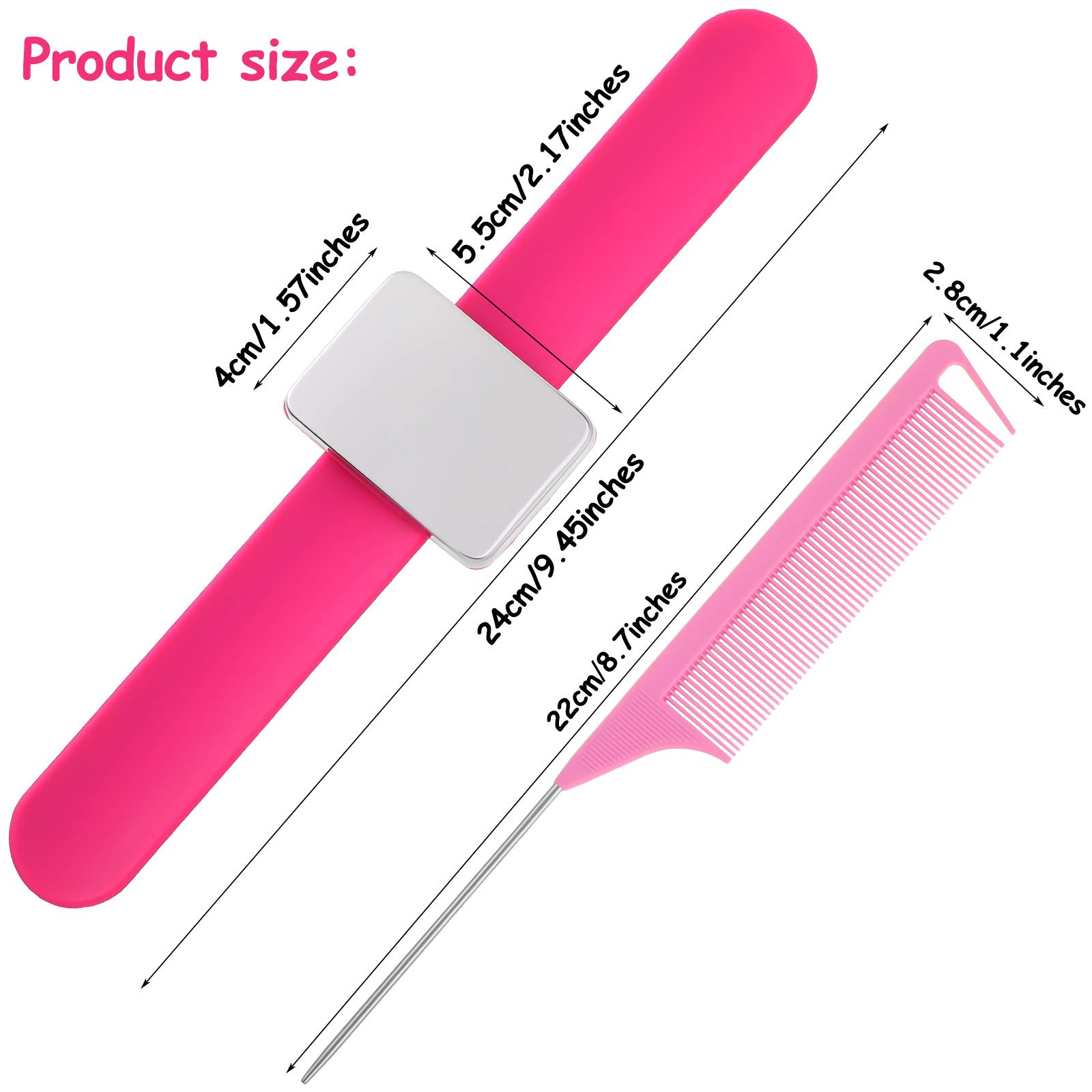 Magnetic Wrist Sewing Pincushion Wrist Magnetic Pin Holder Wristband Pin Cushion Holder with 3 Pieces Stainless Steel Pintail Comb Rat Tail Comb for Hair Clips Sewing, Daily Hand Sewing (Rose Red)