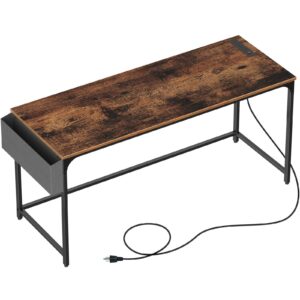 rolanstar computer desk with power outlet, 63” home office pc desk with usb ports charging station, desktop table with side storage bag and iron hooks, stable metal frame workstation, rustic brown