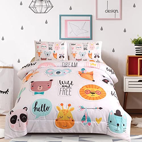 Btargot Jungle Animals Boys Girls Ultra Soft Comforter Set Zoo Party Cute Panda Cat Koala Giraffe Lion Cat Print Bedding Sets Full Size