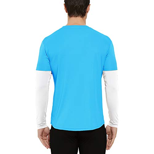 D-Bonex Men's 2-in-1 Running Shirts Long Sleeve Jogging Cycling Workout Shirts with UPF 50+ Sun Protection Arm Sleeves (Blue, M)