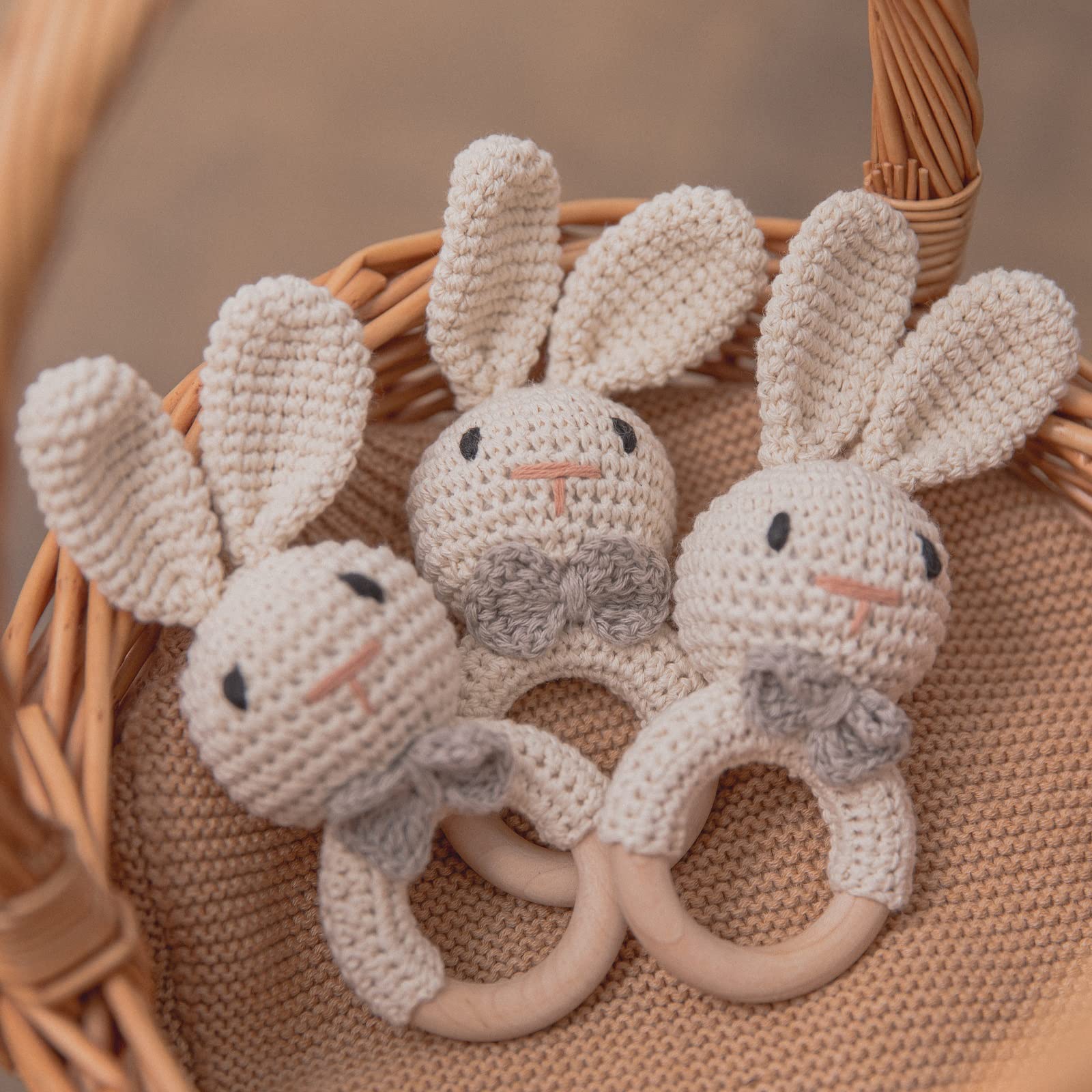 Wooden Baby Rattle Lovely Crochet Bunny Ring Rattle Baby Toys,Beige Bunny