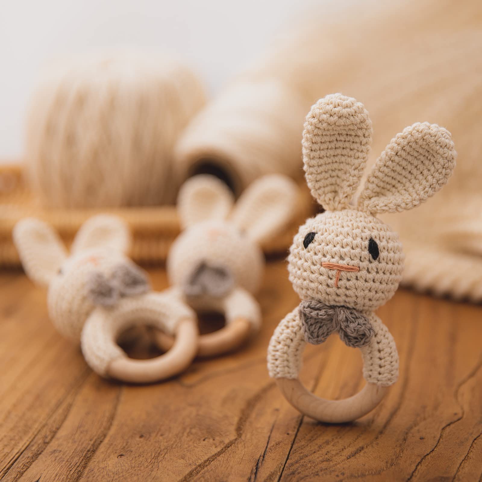 Wooden Baby Rattle Lovely Crochet Bunny Ring Rattle Baby Toys,Beige Bunny