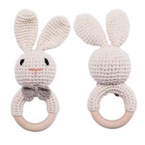 Wooden Baby Rattle Lovely Crochet Bunny Ring Rattle Baby Toys,Beige Bunny