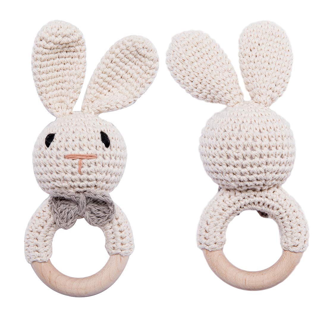 Wooden Baby Rattle Lovely Crochet Bunny Ring Rattle Baby Toys,Beige Bunny