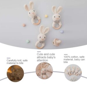 Wooden Baby Rattle Lovely Crochet Bunny Ring Rattle Baby Toys,Beige Bunny