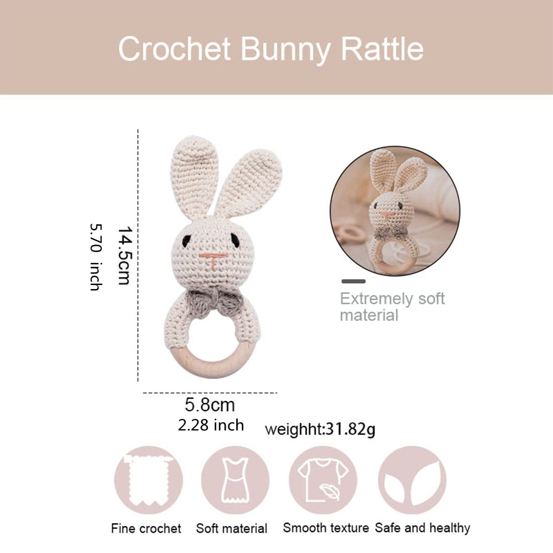 Wooden Baby Rattle Lovely Crochet Bunny Ring Rattle Baby Toys,Beige Bunny