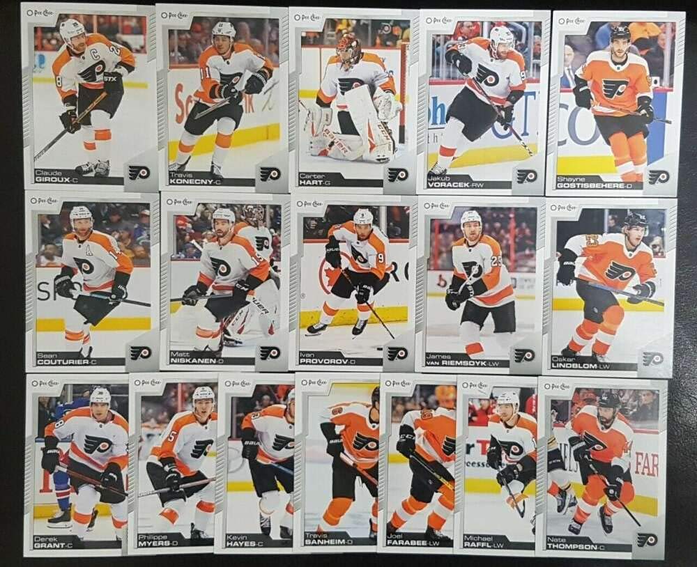 2020-21 O-Pee-Chee OPC Philadelphia Flyers Base Team Set of 17 Cards: #6 Derek Grant #35 Philippe Myers #51 Kevin Hayes #76 Travis Sanheim #88 Sean Couturier #97 Claude Giroux #131 Ivan Provorov #179 Joel Farabee #181 Michael Raffl #233 James van Riemsdyk