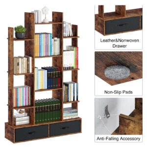 Rolanstar Bookshelf with 2Drawers, Rustic Wood Bookshelves, Free Standing Book Shelf Industrial Shelf Free Standing Storage Shelf for Bedroom, Living Room, Home Office, Rustic Brown