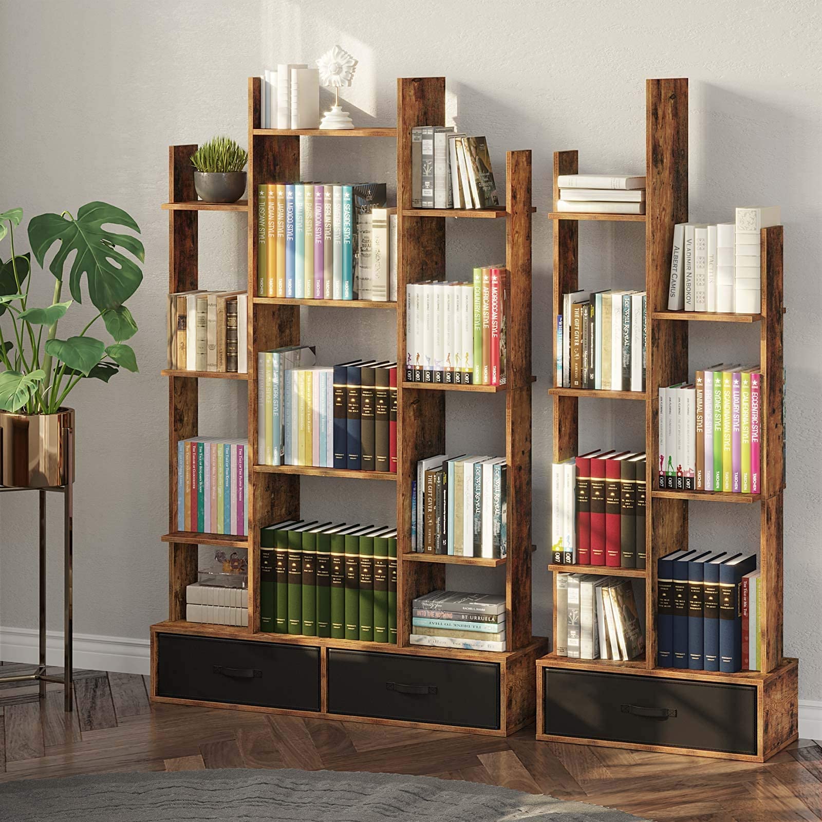 Rolanstar Bookshelf with 2Drawers, Rustic Wood Bookshelves, Free Standing Book Shelf Industrial Shelf Free Standing Storage Shelf for Bedroom, Living Room, Home Office, Rustic Brown