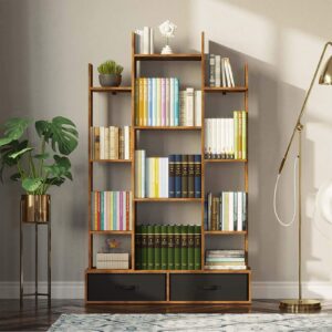 Rolanstar Bookshelf with 2Drawers, Rustic Wood Bookshelves, Free Standing Book Shelf Industrial Shelf Free Standing Storage Shelf for Bedroom, Living Room, Home Office, Rustic Brown