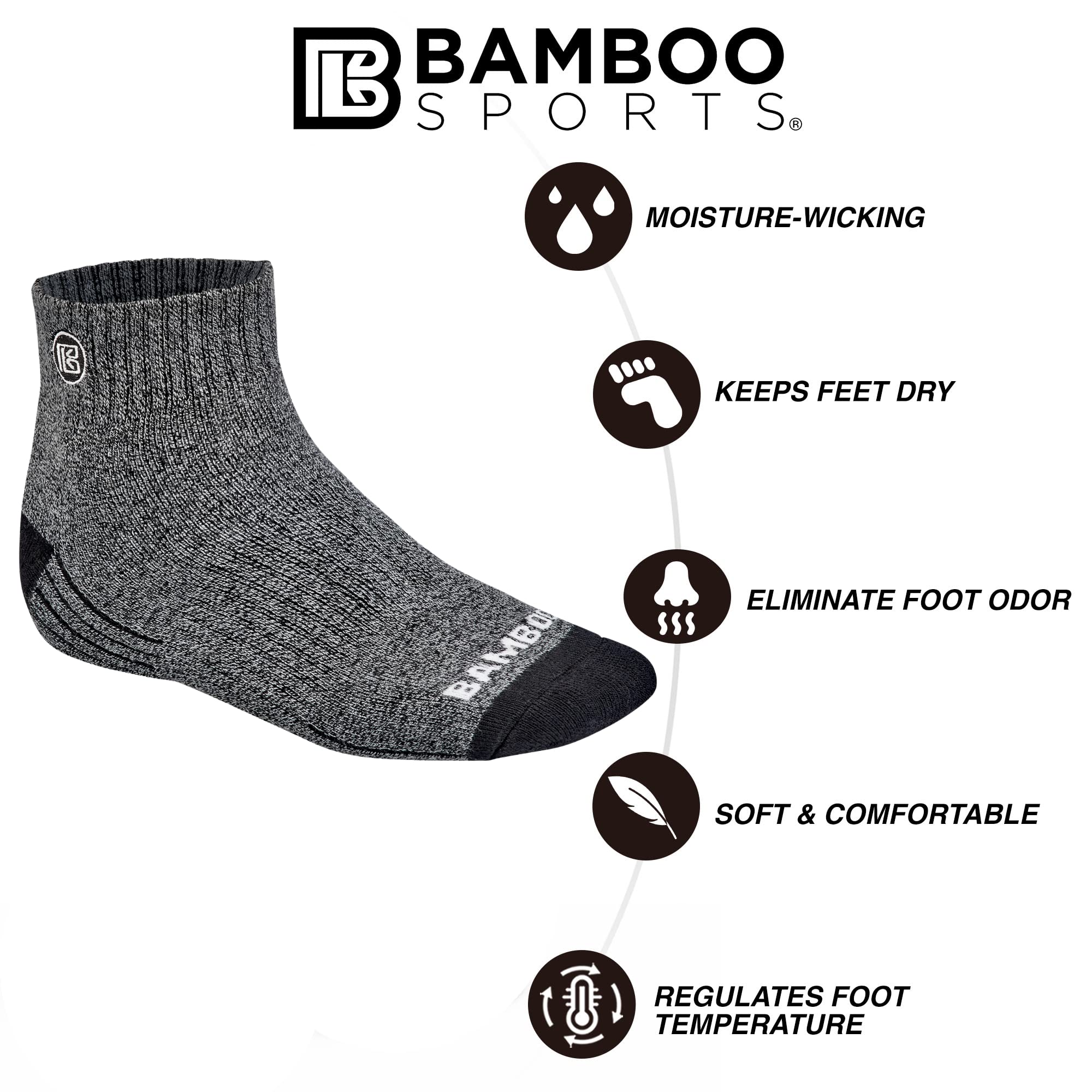 Premium Bamboo Crew Work Socks- Quarter High Moisture Wicking, Odor Eliminating Heather Gray Quarter Crew Socks for Men Size 9-12 - 3 Pair