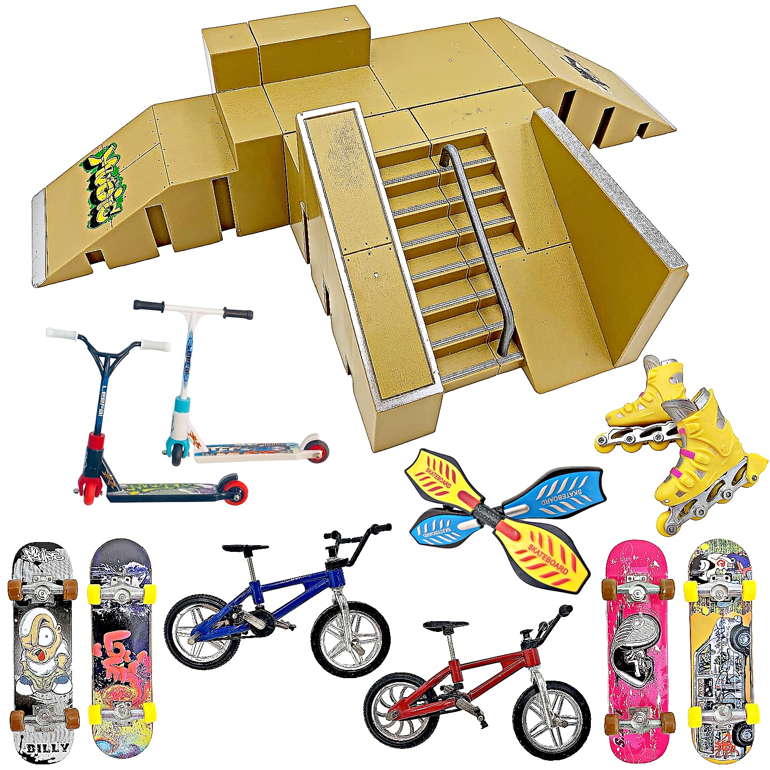 STASHABLES Finger Skateboard Ramp Set – Finger Skatepark Kit 16 Pieces – Skate Park Kit Including Skateboards, Ramps, Scooters, Skates, Bikes and Caster Boards – Fingerboard Skate Set