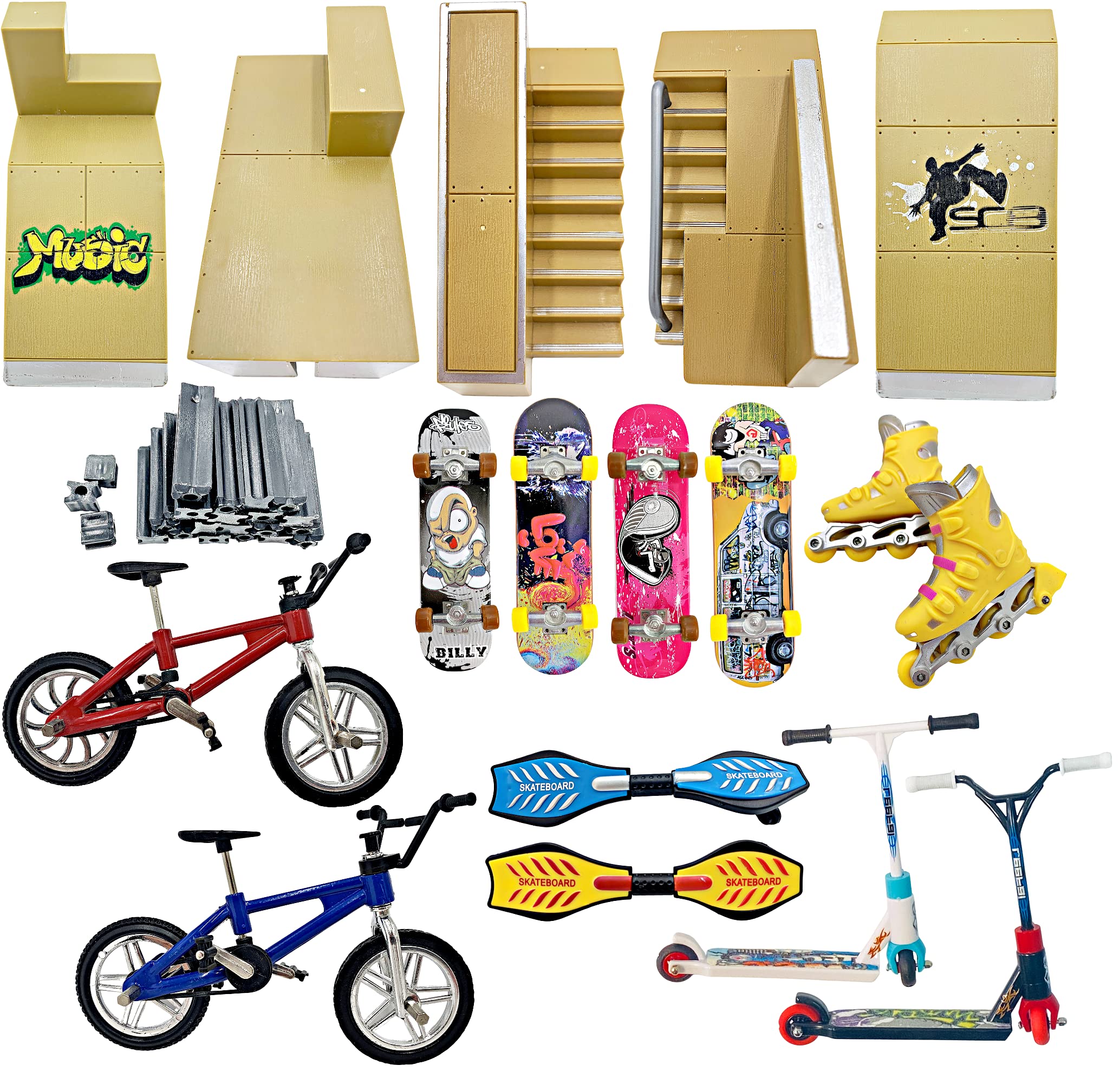 STASHABLES Finger Skateboard Ramp Set – Finger Skatepark Kit 16 Pieces – Skate Park Kit Including Skateboards, Ramps, Scooters, Skates, Bikes and Caster Boards – Fingerboard Skate Set