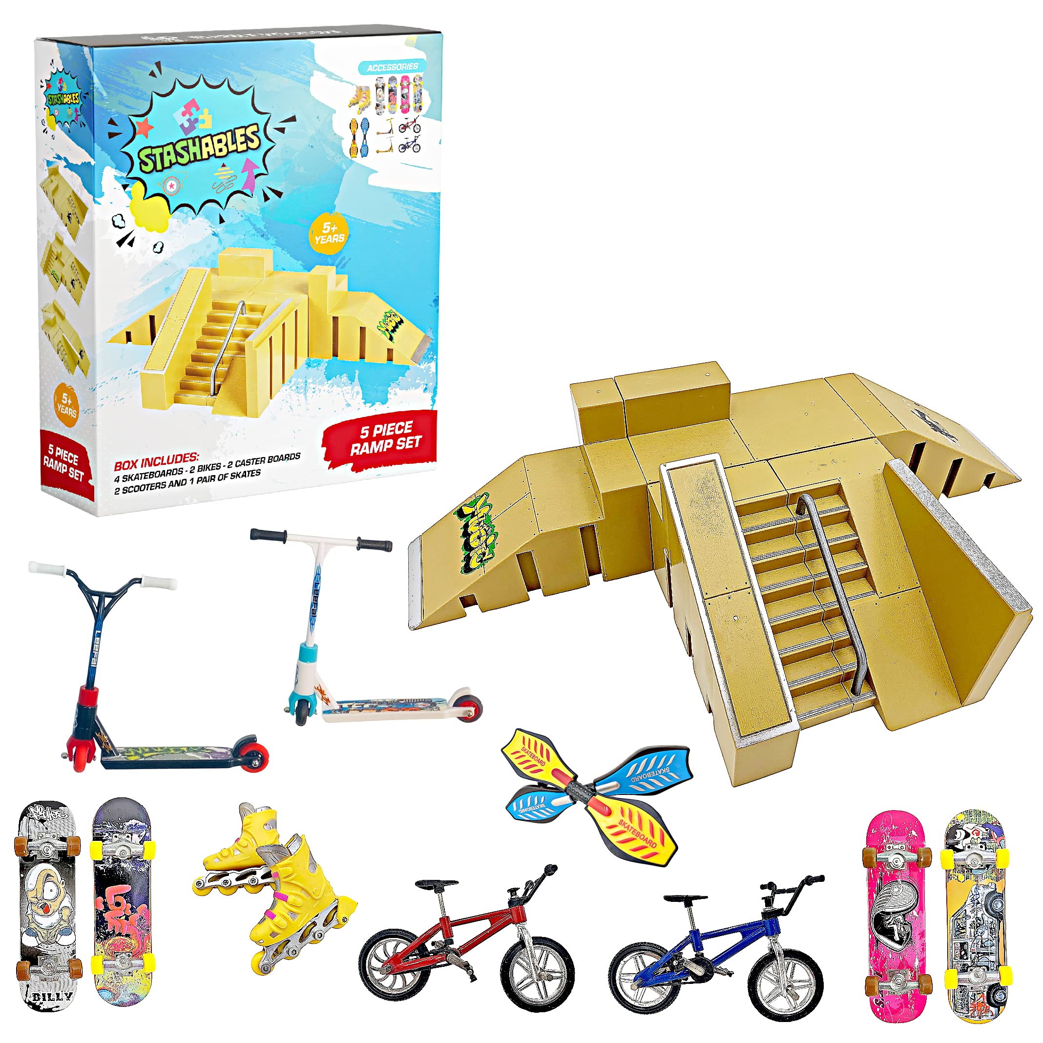 STASHABLES Finger Skateboard Ramp Set – Finger Skatepark Kit 16 Pieces – Skate Park Kit Including Skateboards, Ramps, Scooters, Skates, Bikes and Caster Boards – Fingerboard Skate Set