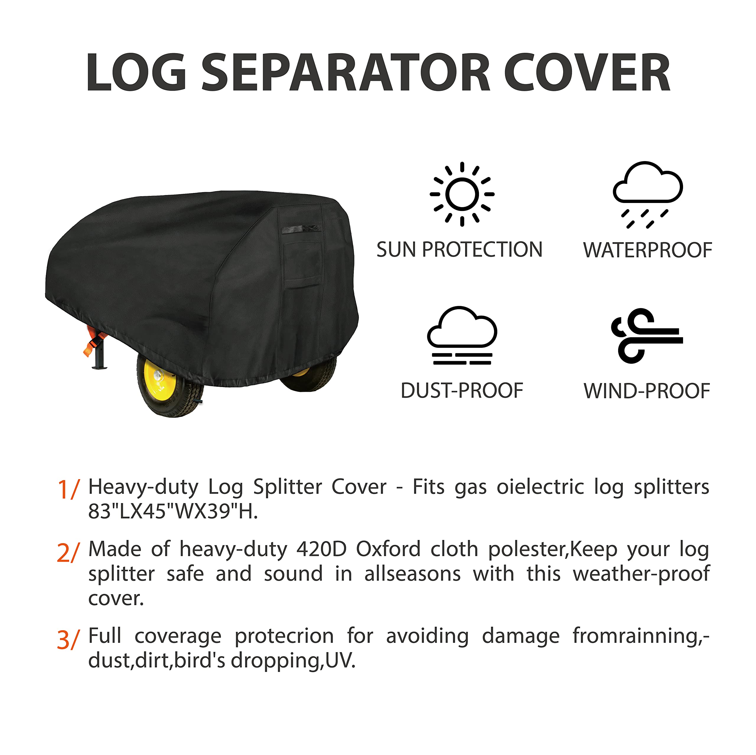 Aaaspark Heavy Duty Log Splitter Cover, Waterproof Oxford Cloth, for 15-45 Ton Gas or Electric Log Splitters, 83" x 45" x 39", Weather Resistant Storage Cover, Easy to Clean, Black