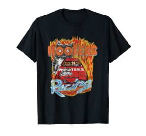 hooters adult classic fit racing flames t-shirt - hooded neck, sleeveless, black, polyester & cotton