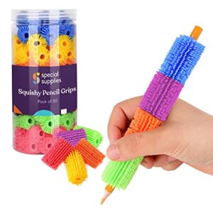 special supplies 50 squishy pencil grips for kids and adults - colorful, cushioned holders for handwriting, drawing, coloring - ergonomic right or left-handed use - reusable (50)