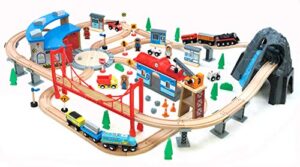 maxim 100 pc mountain wooden train set with roundhouse for toddler with double-side train tracks fits brio, thomas, melissa and doug, kids wood toy train for 3,4,5 year old boys and girls