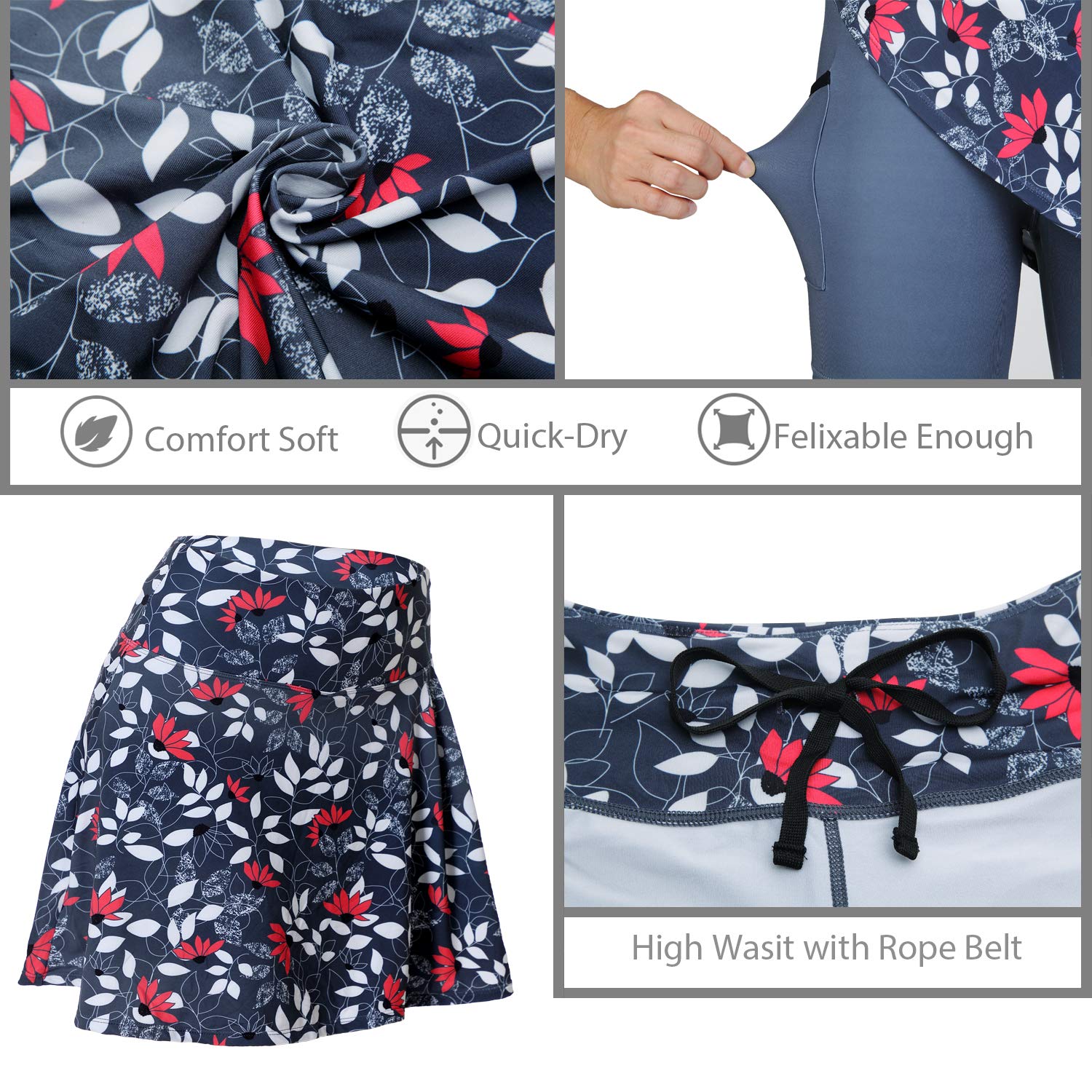 Xioker Women Skorts Skirts with Pockets,Flattering Printed Women Skorts Lightweight for Tennis Sports(Grey Printed L)