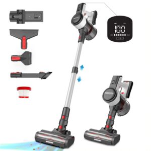 evereze evc3001 cordless stick vacuum with 45 minute runtime, 1.1 qt. large dust cup, 3 in 1 wall mounted accessory storage, and led display