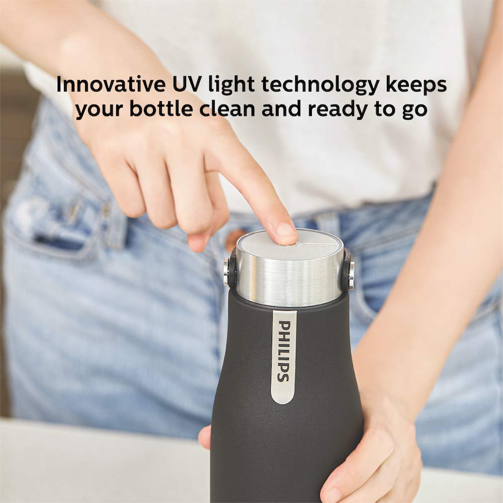 PHILIPS Water GoZero UV Self-Cleaning Smart Water Bottle Vacuum Stainless Steel Insulated Water Bottle with Handle Double-wall, Auto Cleaning, Keep Drink Hot or Cold, BPA Free, Black, 20oz