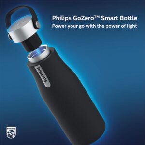 PHILIPS Water GoZero UV Self-Cleaning Smart Water Bottle Vacuum Stainless Steel Insulated Water Bottle with Handle Double-wall, Auto Cleaning, Keep Drink Hot or Cold, BPA Free, Black, 20oz