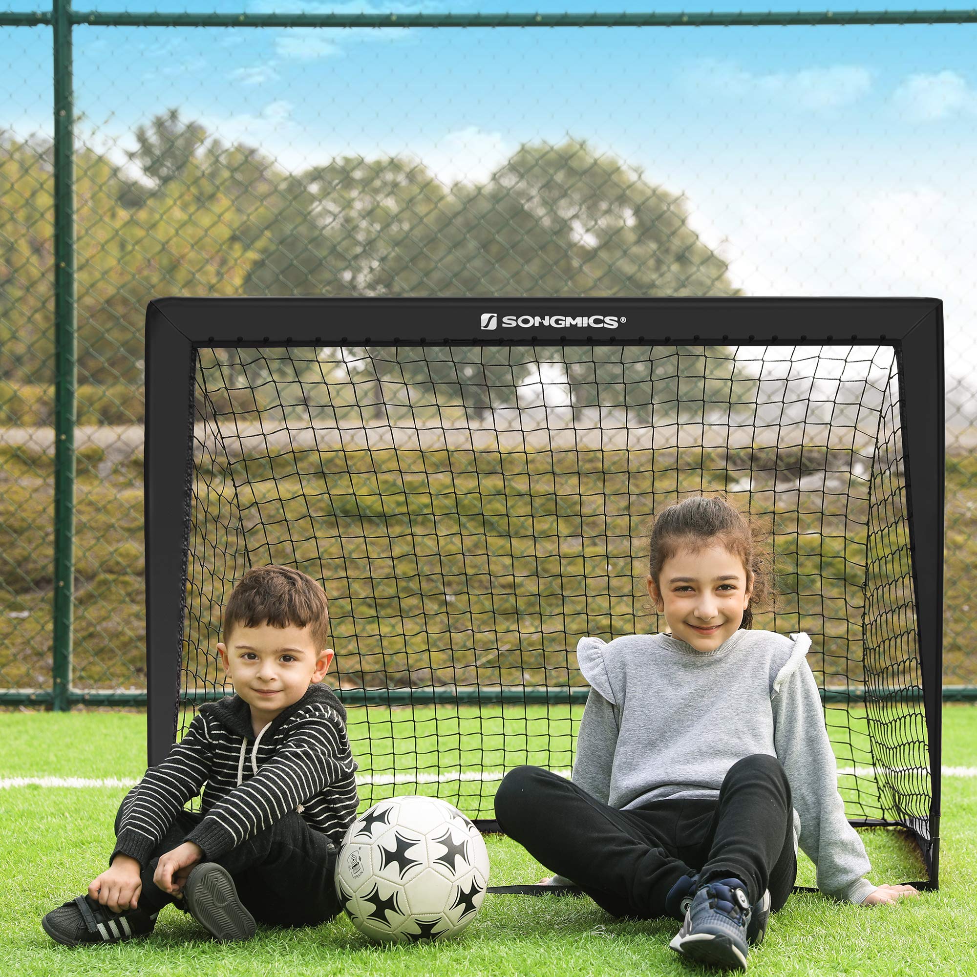 SONGMICS Kids Soccer Goals for Backyard, 4x3 ft Portable Soccer Nets Training Equipment, Toddler Soccer Goal with Carrying Bag, for Field, Black USZQ122B02