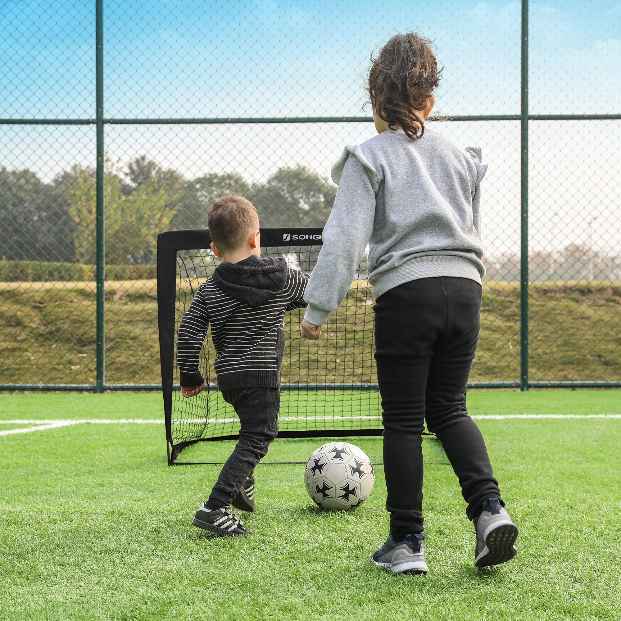 SONGMICS Kids Soccer Goals for Backyard, 4x3 ft Portable Soccer Nets Training Equipment, Toddler Soccer Goal with Carrying Bag, for Field, Black USZQ122B02