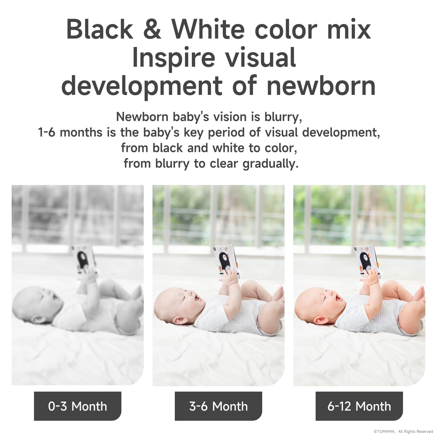 TUMAMA Black and White Baby Toys, High Contrast Baby Tummy Time Toys, Newborn Soft Books Mirror Rattles, Montessori Sensory Toys 0-12 Months, Hanging Infant Toys for Carseat Stroller Play Mat Crib