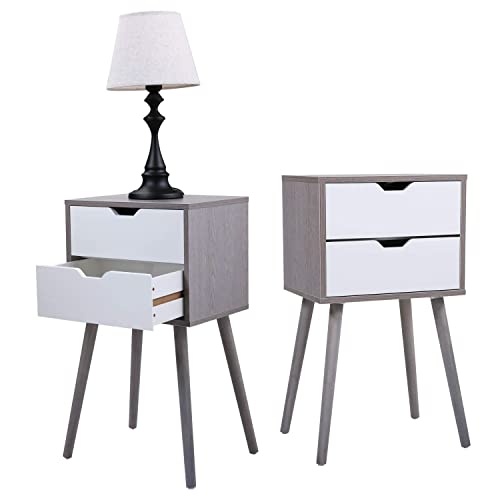 JAXPETY Nightstands Set of 2, Night Stand with Drawers, Bedside Tables with Solid Wood Legs and Large Storage Space, End Table, Side Table, for Bedroom, Light Grey