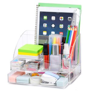 acrylic office desk supplies and accessories,clear desk stationary organizer with drawers, pen and pencil holder,desktop organization