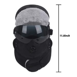 Windproof Full Cover Balaclava with Glasses Men Women Winter Thermal Plush Lining Ski Camping Full Hood Earflap Cap Snowproof Hunting Trapper Hat Cycling Bike Ushanka Russian Hat Black