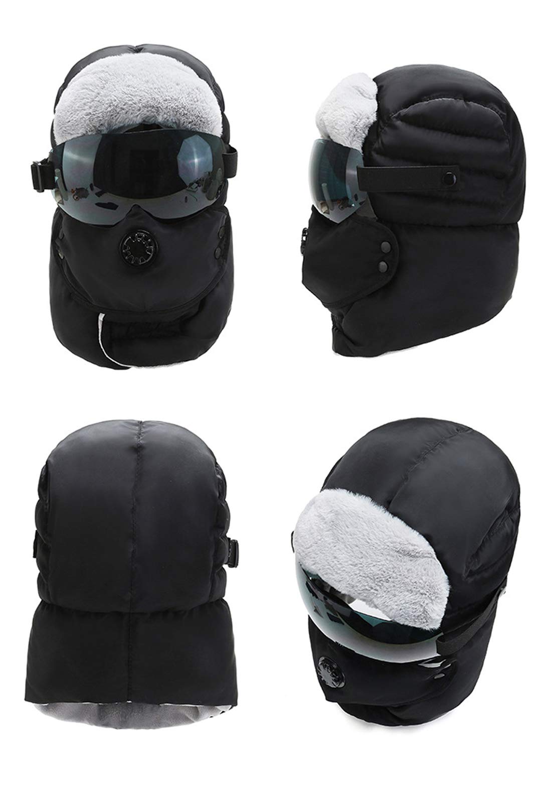 Windproof Full Cover Balaclava with Glasses Men Women Winter Thermal Plush Lining Ski Camping Full Hood Earflap Cap Snowproof Hunting Trapper Hat Cycling Bike Ushanka Russian Hat Black