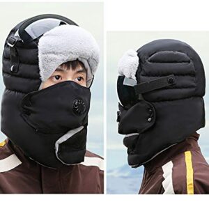 Windproof Full Cover Balaclava with Glasses Men Women Winter Thermal Plush Lining Ski Camping Full Hood Earflap Cap Snowproof Hunting Trapper Hat Cycling Bike Ushanka Russian Hat Black