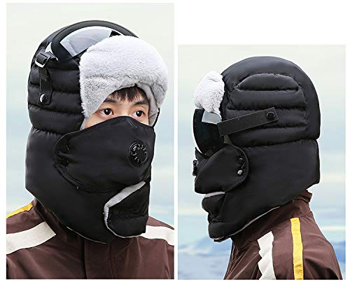 Windproof Full Cover Balaclava with Glasses Men Women Winter Thermal Plush Lining Ski Camping Full Hood Earflap Cap Snowproof Hunting Trapper Hat Cycling Bike Ushanka Russian Hat Black