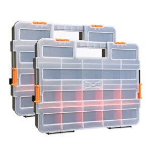 mixpower 15-inch 2pcs toolbox organizer sets, 20 removable dividers, durable plastic box, excellent for screws, nuts, small parts, 34-compartment black/orange 2 pieces set