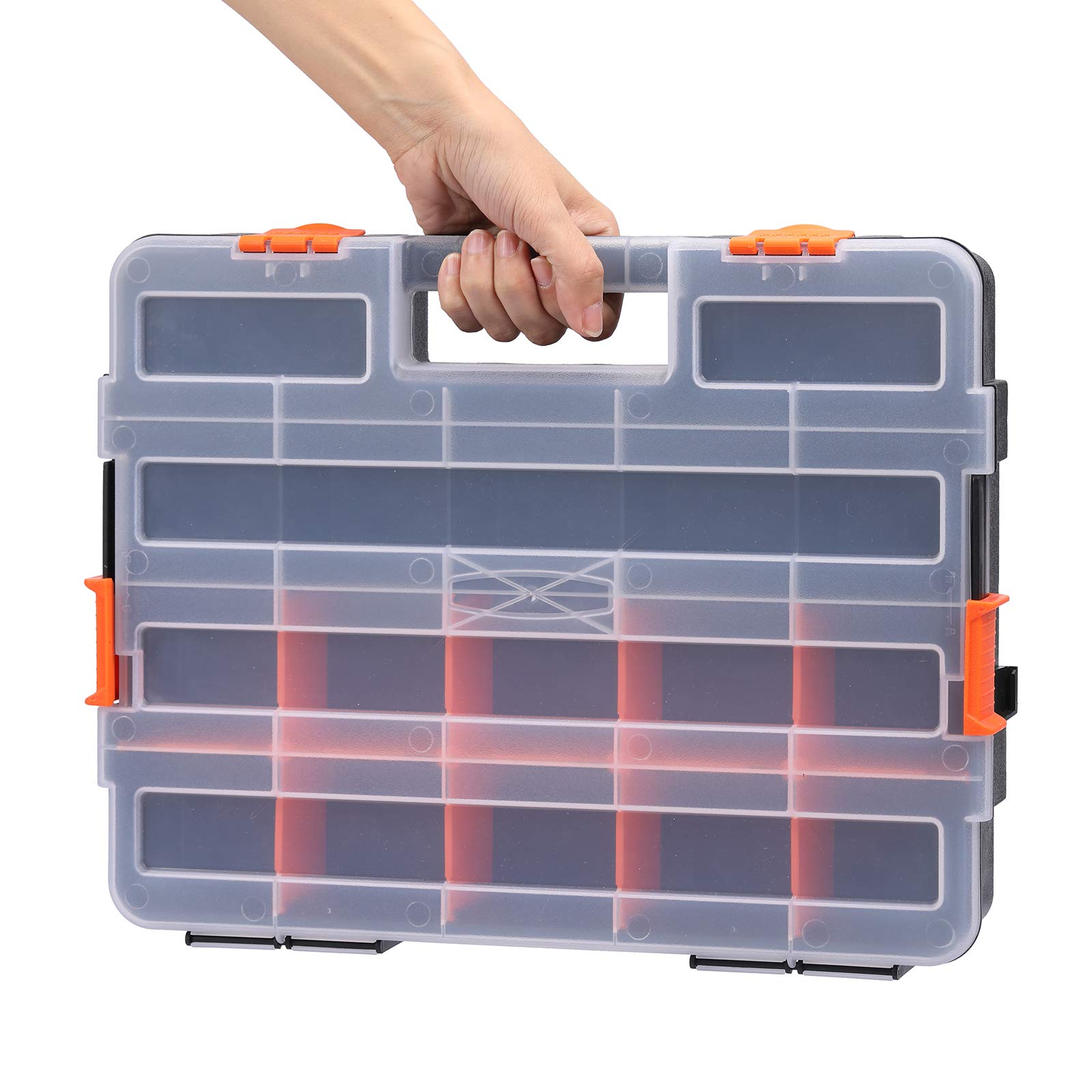 MIXPOWER 15-inch 2pcs Toolbox Organizer Sets, 20 Removable Dividers, Durable Plastic Box, Excellent for Screws, Nuts, Small Parts, 34-Compartment Black/Orange 2 Pieces Set