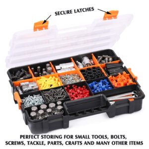 MIXPOWER 15-inch 2pcs Toolbox Organizer Sets, 20 Removable Dividers, Durable Plastic Box, Excellent for Screws, Nuts, Small Parts, 34-Compartment Black/Orange 2 Pieces Set