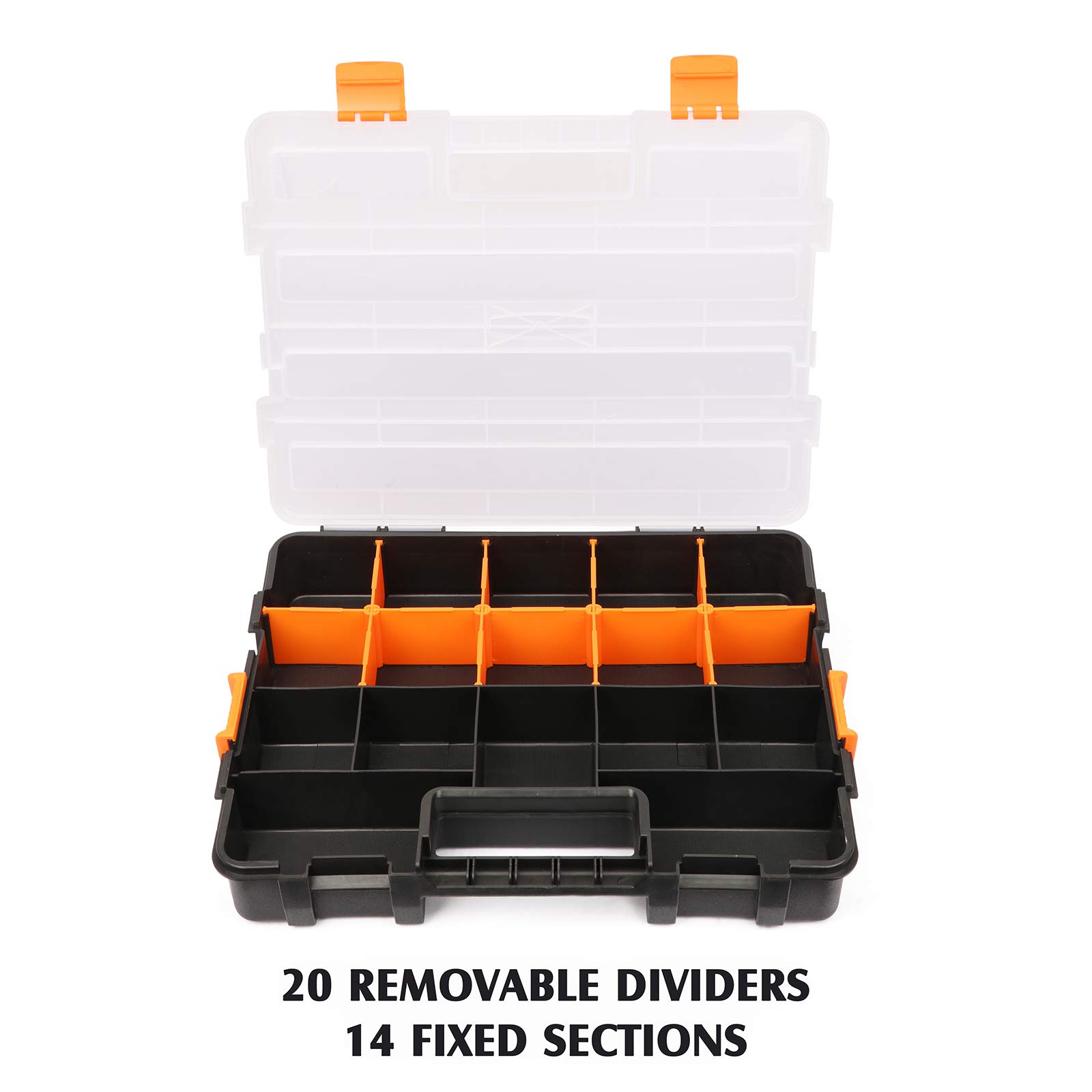 MIXPOWER 15-inch 2pcs Toolbox Organizer Sets, 20 Removable Dividers, Durable Plastic Box, Excellent for Screws, Nuts, Small Parts, 34-Compartment Black/Orange 2 Pieces Set