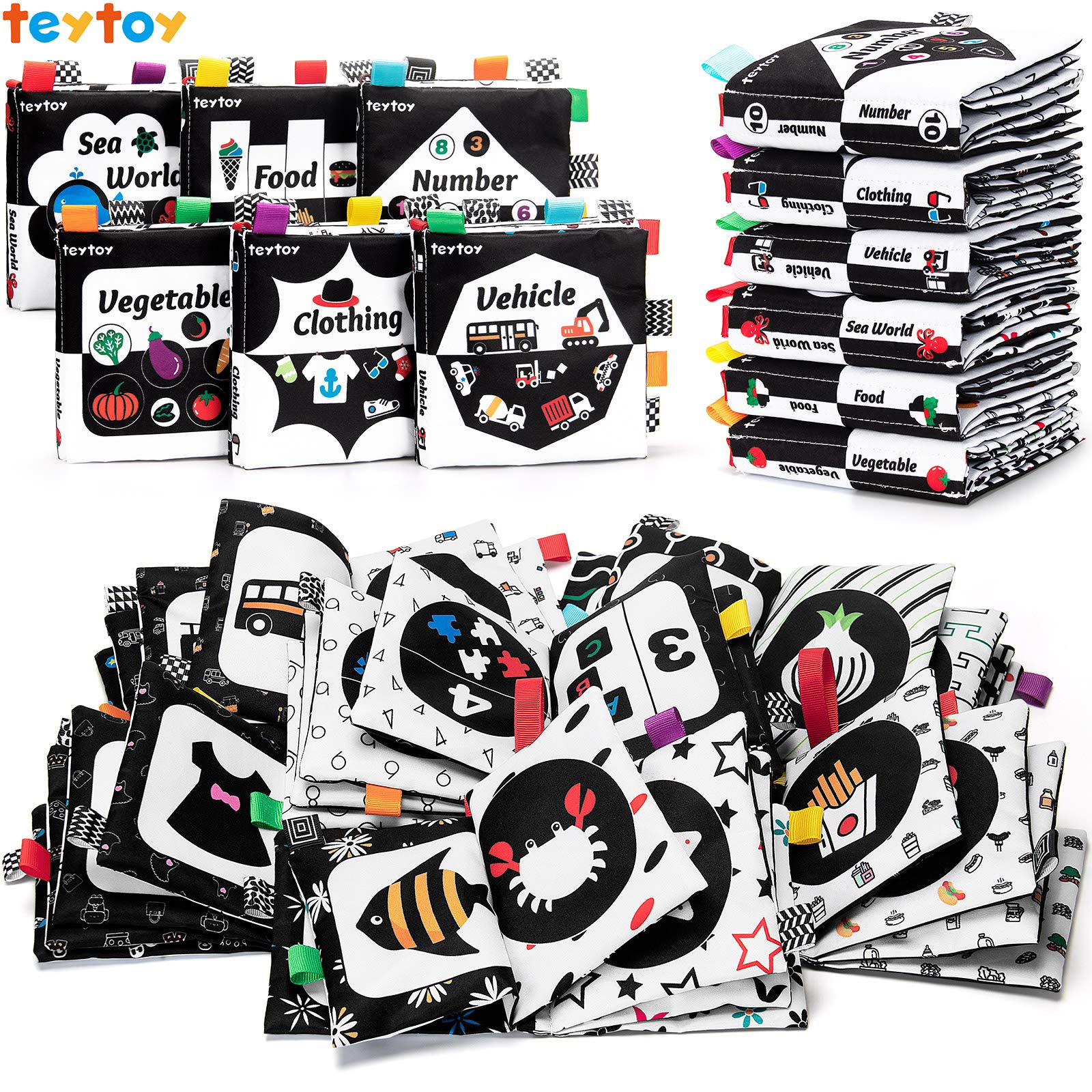 teytoy Baby Soft Cloth Book Set 6 PCS, Black and White High Contrast Baby Activity Crinkle Books for 0 3 6 9 12 Months Newborn Infants Babies Boys and Girls Early Educational Learning Toys