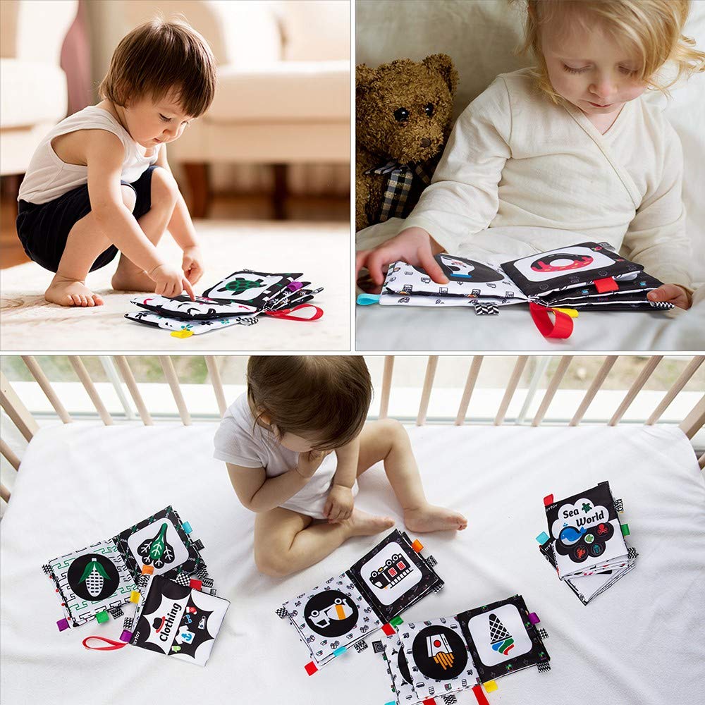 teytoy Baby Soft Cloth Book Set 6 PCS, Black and White High Contrast Baby Activity Crinkle Books for 0 3 6 9 12 Months Newborn Infants Babies Boys and Girls Early Educational Learning Toys