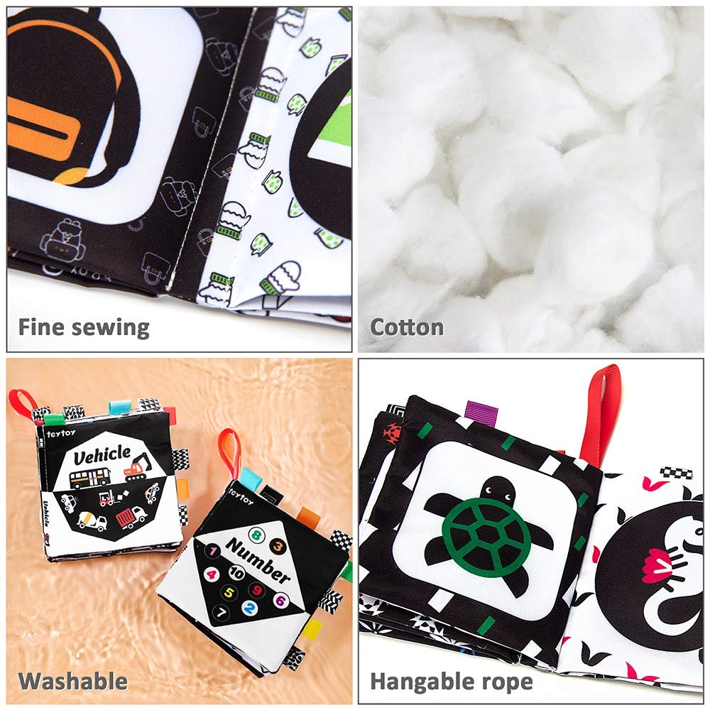 teytoy Baby Soft Cloth Book Set 6 PCS, Black and White High Contrast Baby Activity Crinkle Books for 0 3 6 9 12 Months Newborn Infants Babies Boys and Girls Early Educational Learning Toys