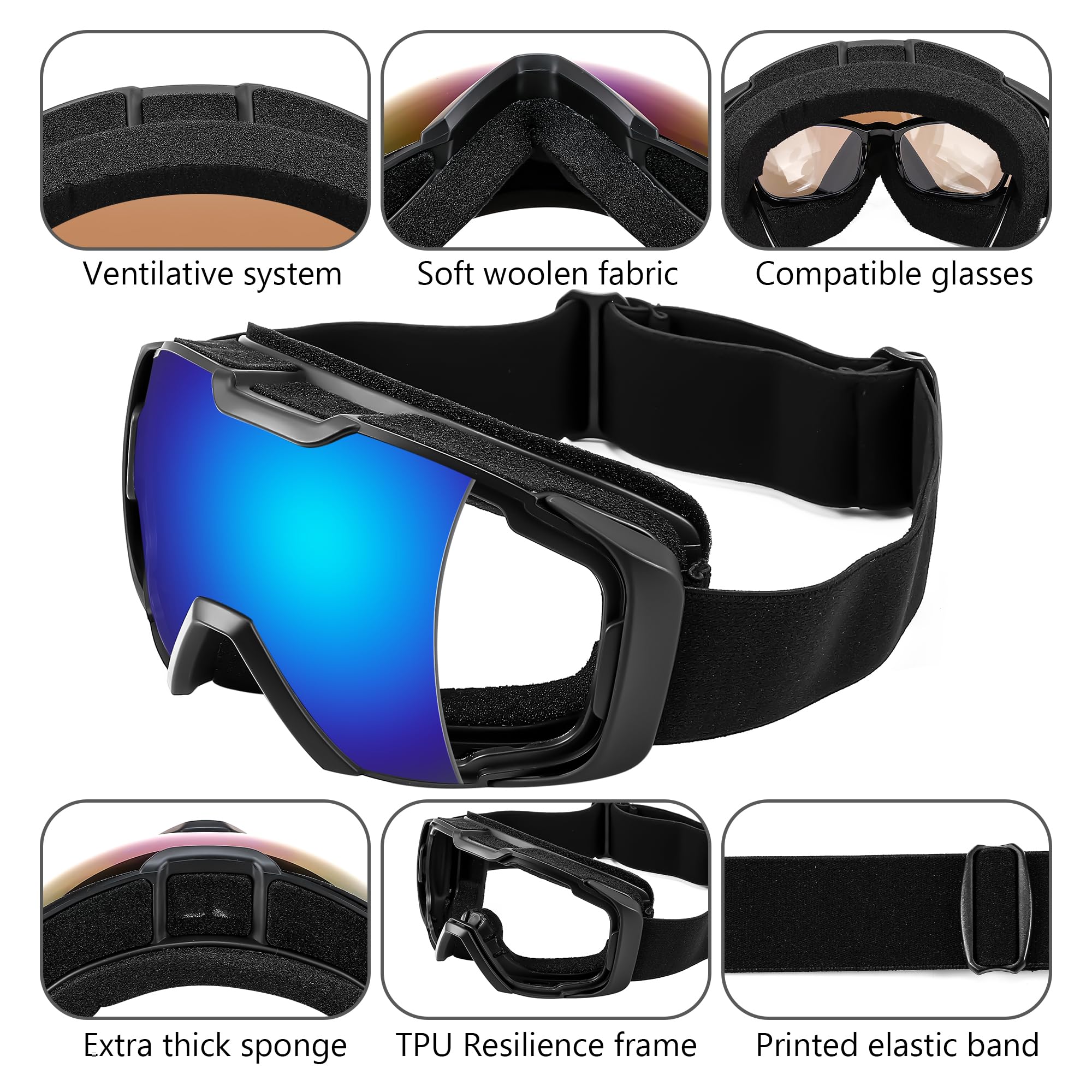 Karsaer Ski Goggles Snowboard Snow Goggles OTG Magnet Dual Layers Lens Anti-Fog UV Protection Women Men