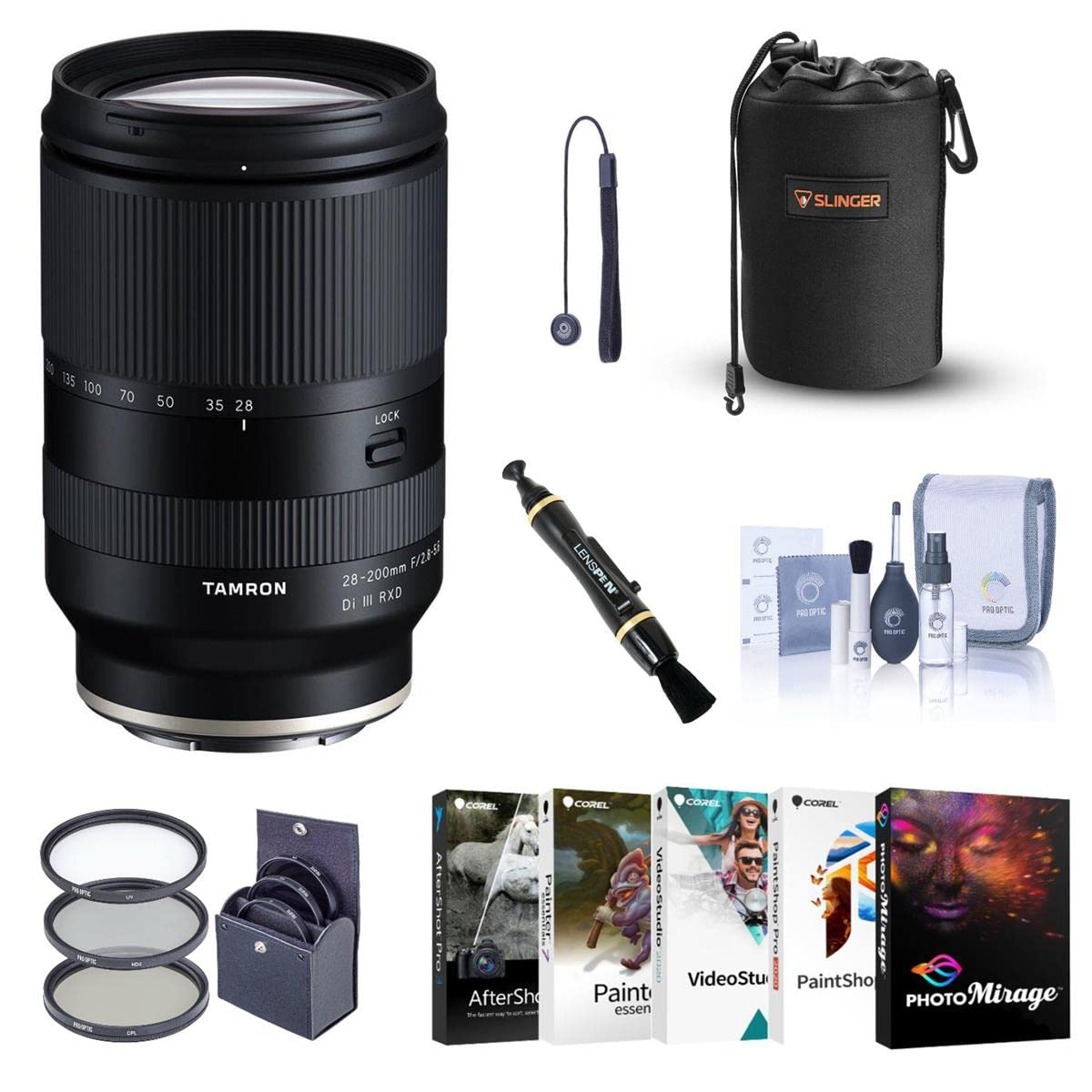 Tamron 28-200mm f/2.8-5.6 Di III RXD Lens for Sony E, Bundle with ProOptic 67mm Filter Kit, PC Software Kit, Cleaning Kit, Lens Cap Tether, Lens Cleaner