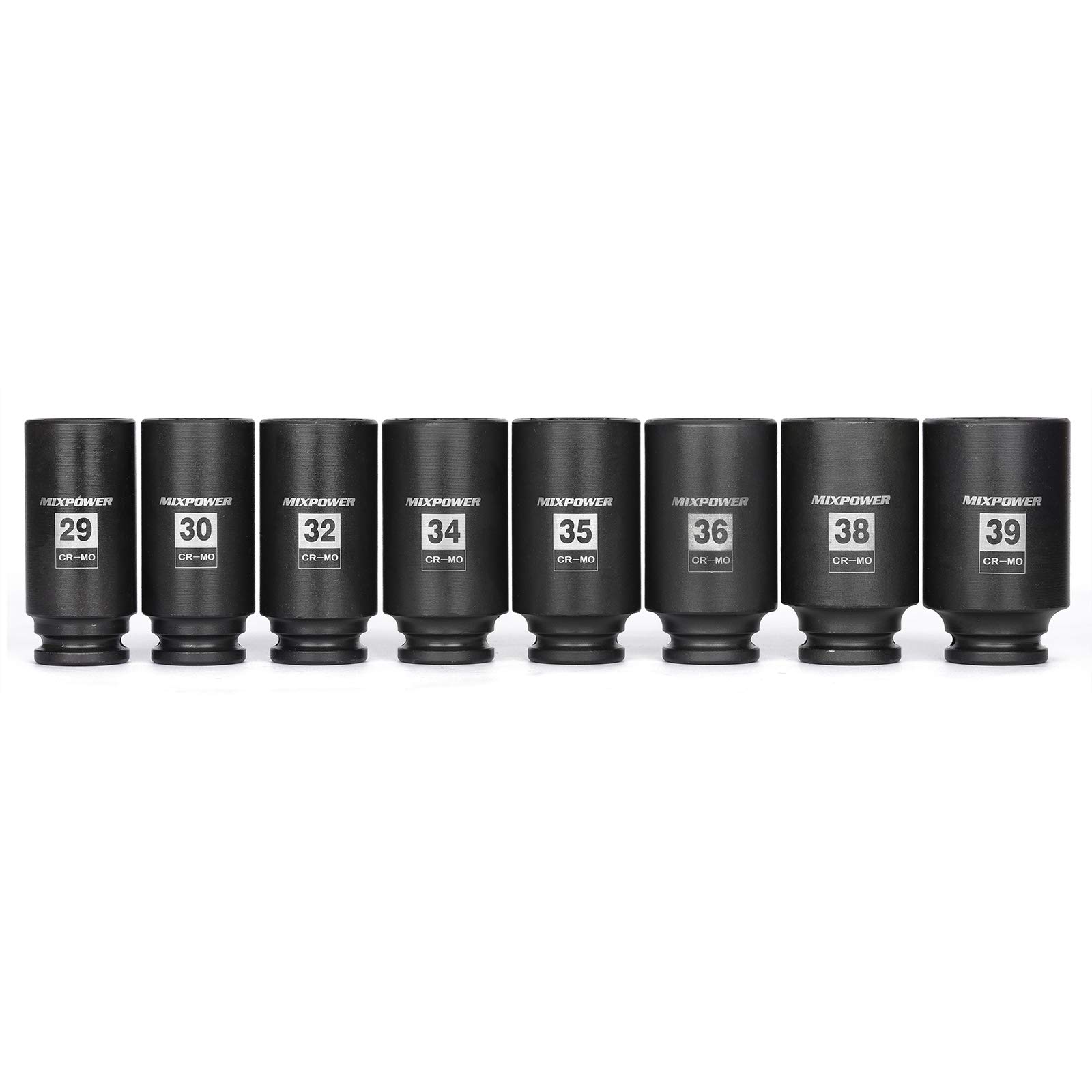 MIXPOWER 8-Piece 1/2-Inch Drive Deep Impact Socket Set,12 Point, Metric, CR-MO, 29,30 32 34 35,36,38,39mm, Heavy Duty Impact Socket Set